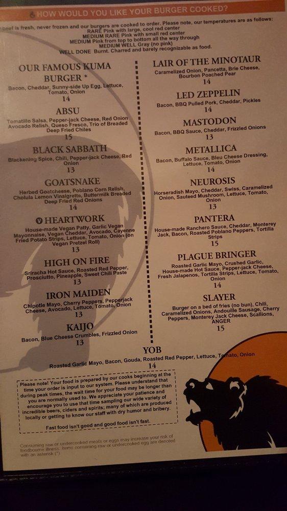 Menu at Kuma's Corner restaurant, Indianapolis