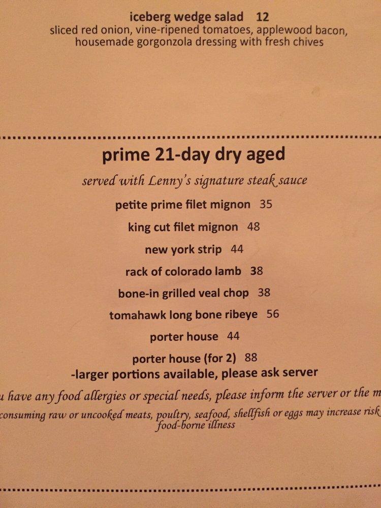 Menu at Lenny's Steakhouse, Larchmont
