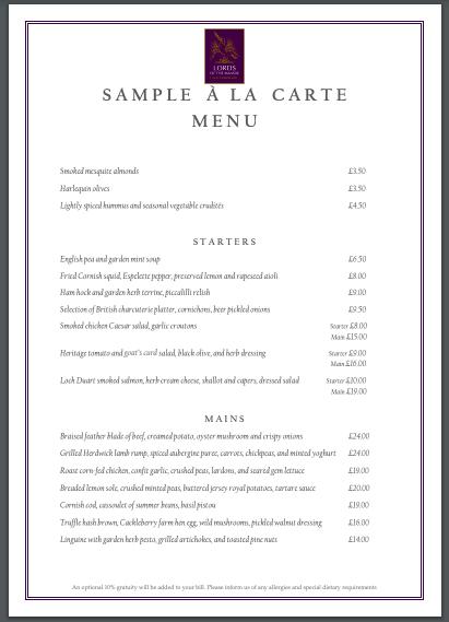 Menu at Lords Of The Manor Hotel restaurant, Upper Slaughter