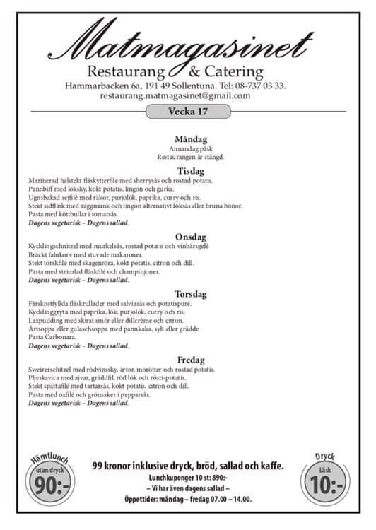 Menu at Matmagasinet restaurant, Sollentuna