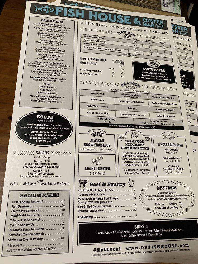 Menu at OP Fish House and Oyster Bar, Orange Park