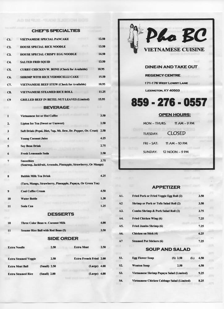 Menu at Pho BC restaurant, Lexington, 171 W Lowry Ln #168