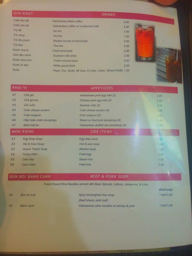 Menu at Pho Da Cao restaurant, Tulsa