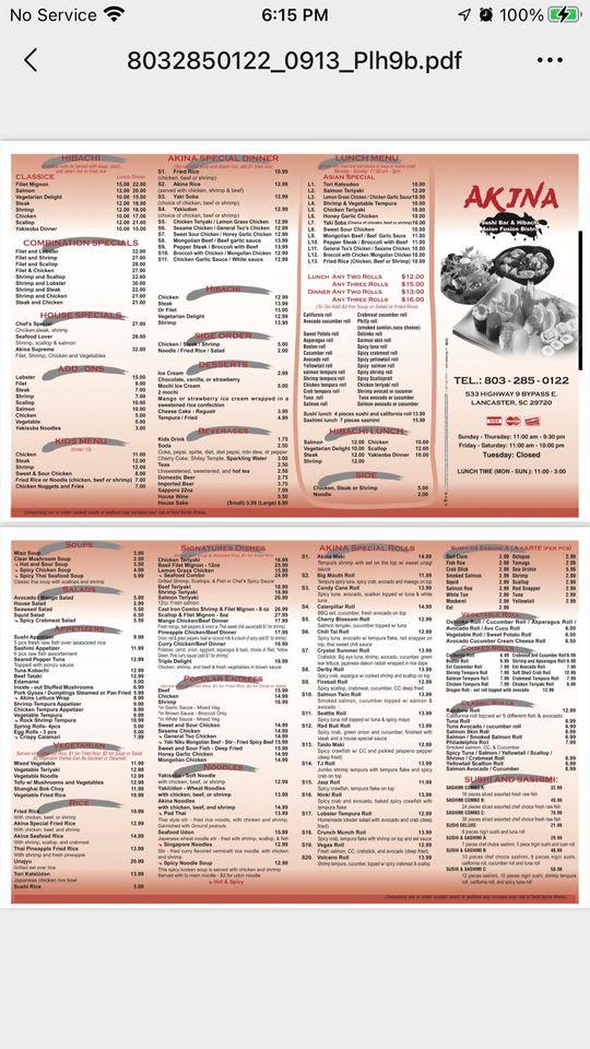 Menu at Akina restaurant, Lancaster