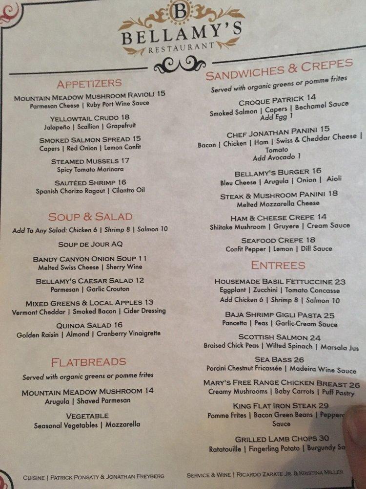 Menu at Bellamy's Restaurant, Escondido