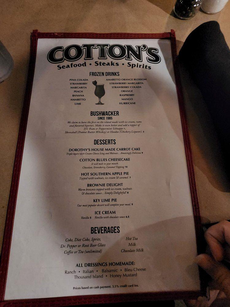 Menu at Cotton's Restaurant, Orange Beach