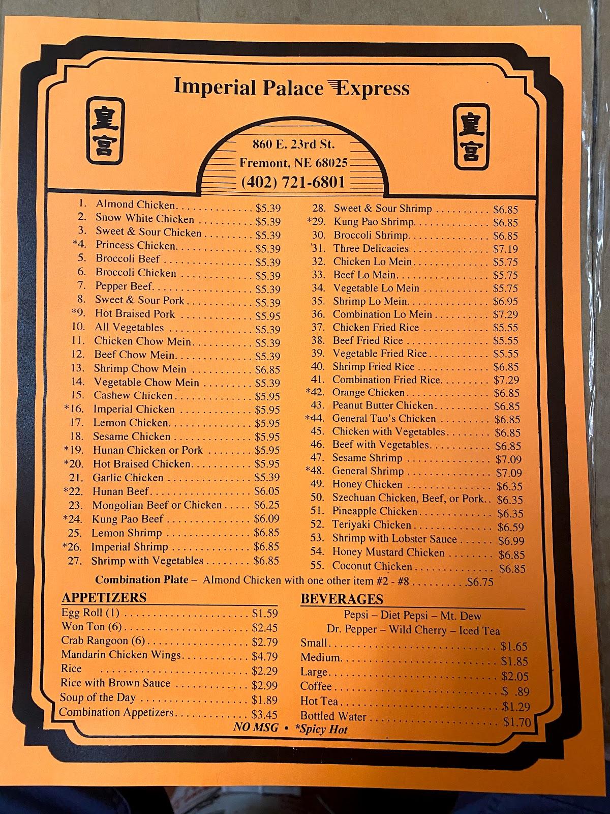 Menu at Imperial Palace Express restaurant, Fremont