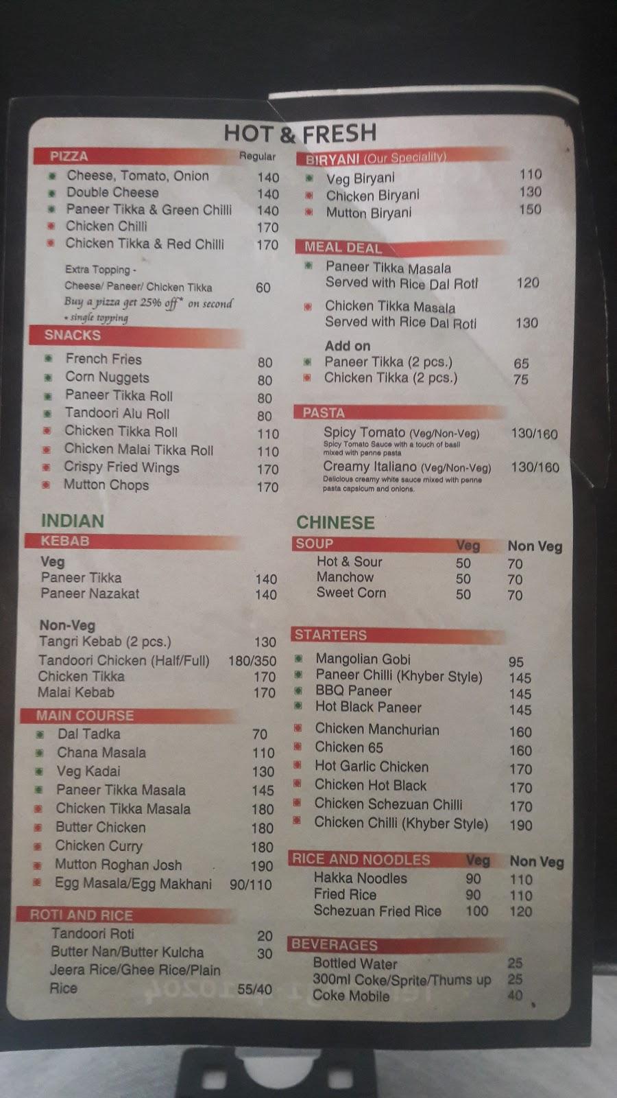 Menu at Khyber Express, Belgaum