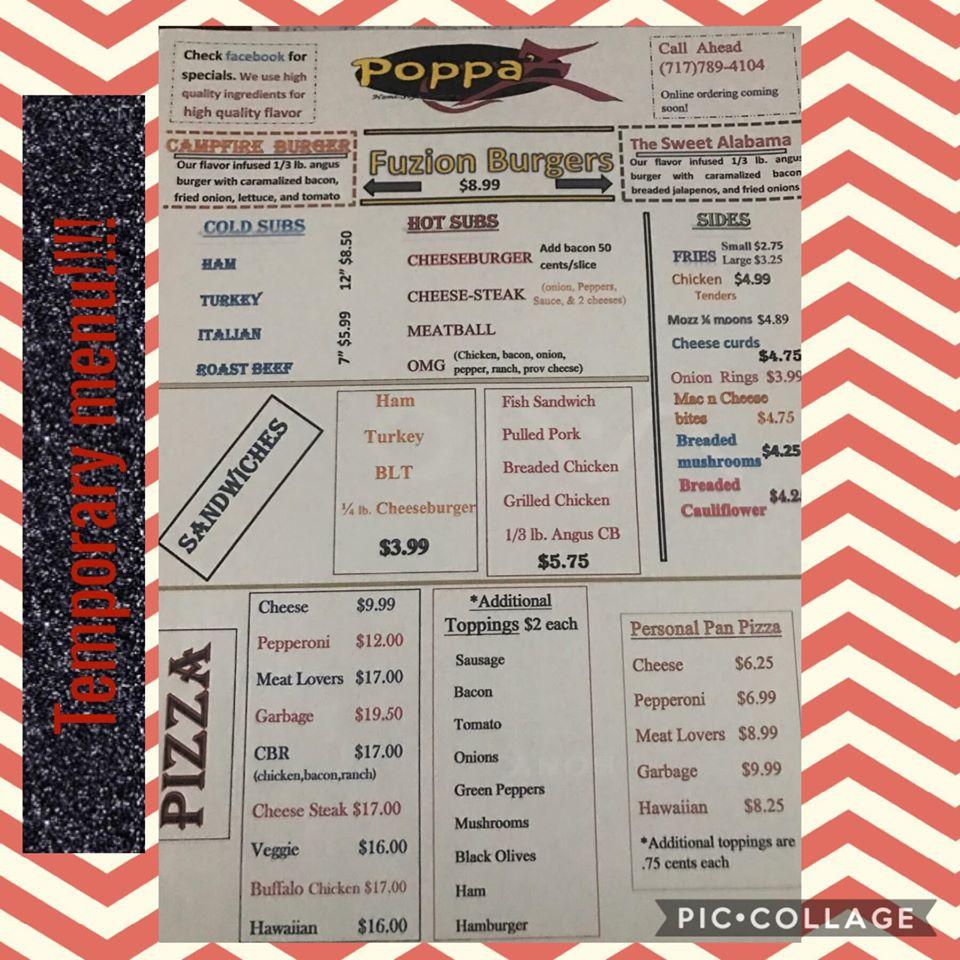 Menu at Poppa'z pizzeria, Landisburg