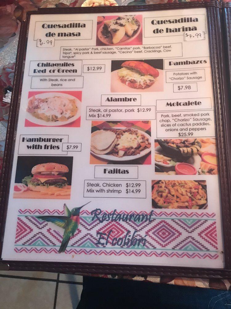Menu at Restaurante El Colibrí, Faribault