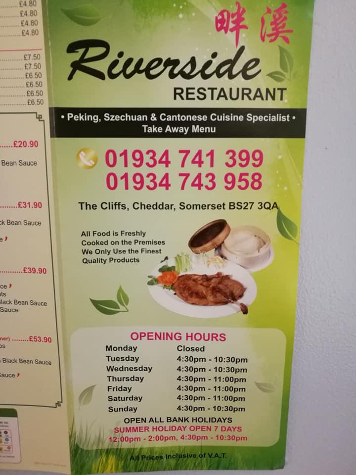 Menu at Riverside Chinese Restaurant, Cheddar, The Cliffs