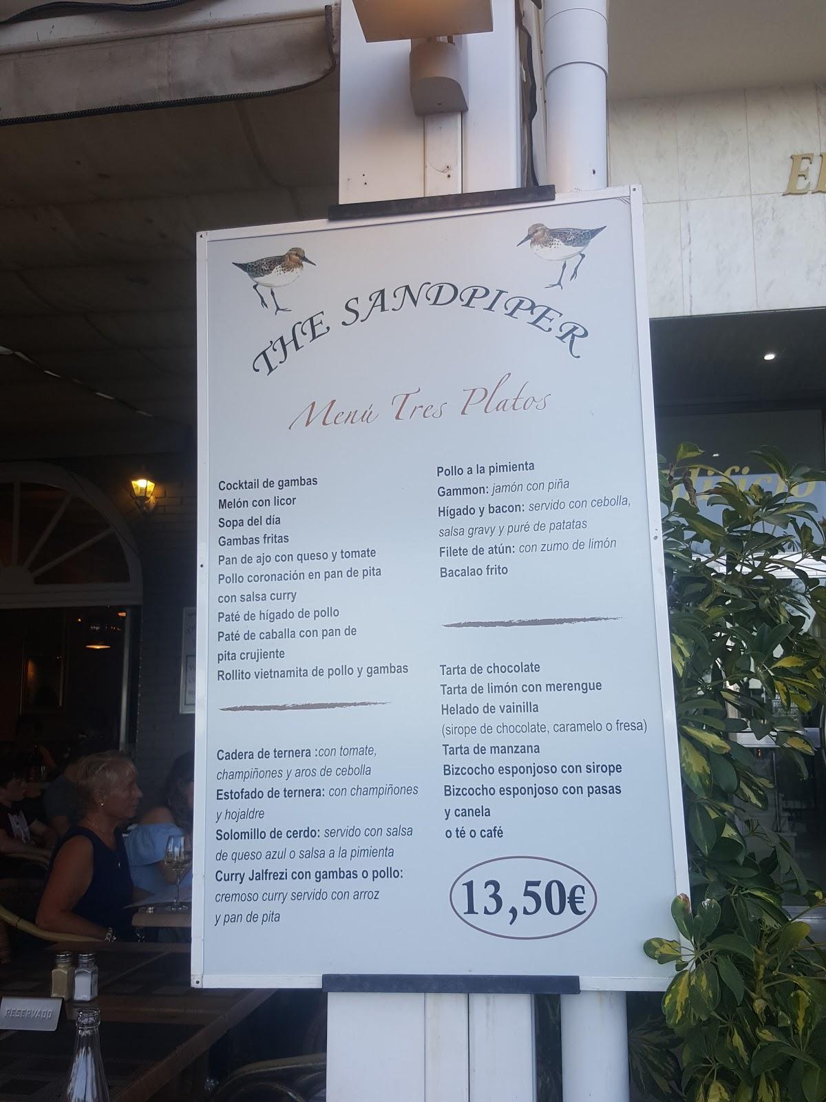 Menu at Sandpiper restaurant, Fuengirola, P.º Marítimo Rey de España