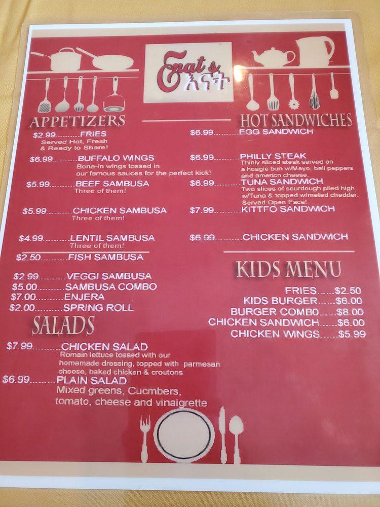Menu at Enat Ethiopian Restaurant and Café, Columbus