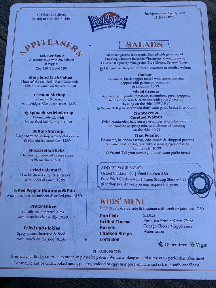 Menu at Bridges Waterside Grille restaurant, Michigan City