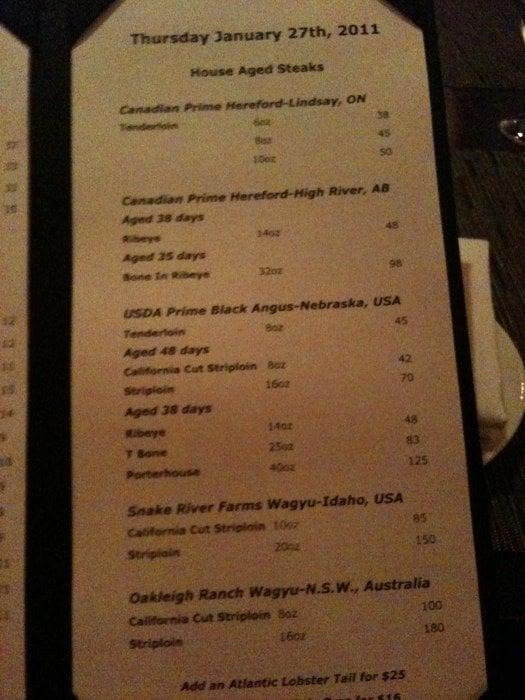 Menu at Jacobs & Co. Steakhouse, Toronto, 12 Brant St