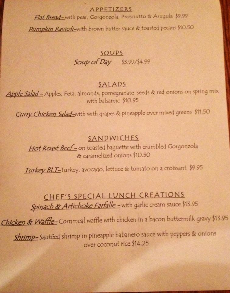 Menu at Morgan's restaurant, Allentown