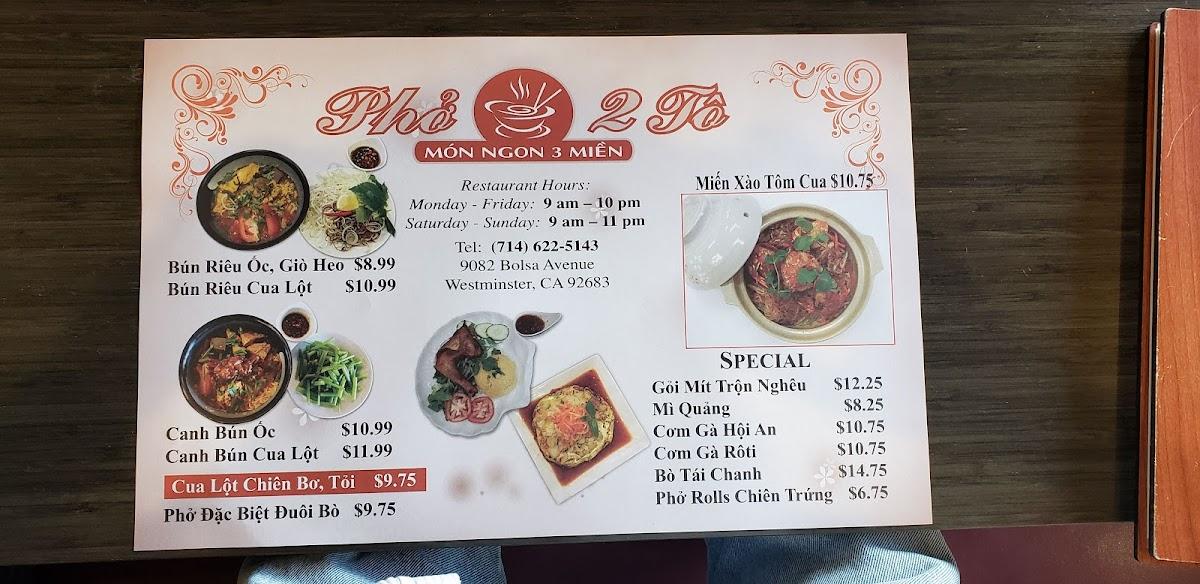 Menu at Phở 2 Tô restaurant, Westminster, Bolsa Ave