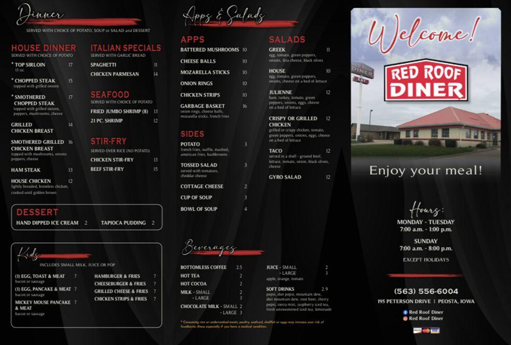 Menu at Red Roof Diner restaurant, Peosta