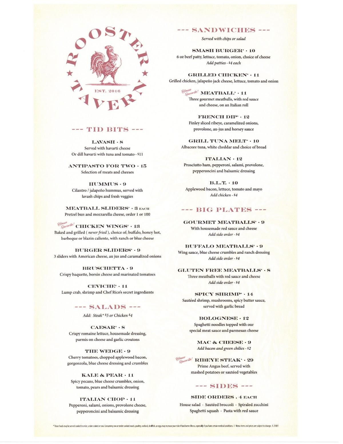 Menu at The Rooster Tavern pub & bar, Scottsdale