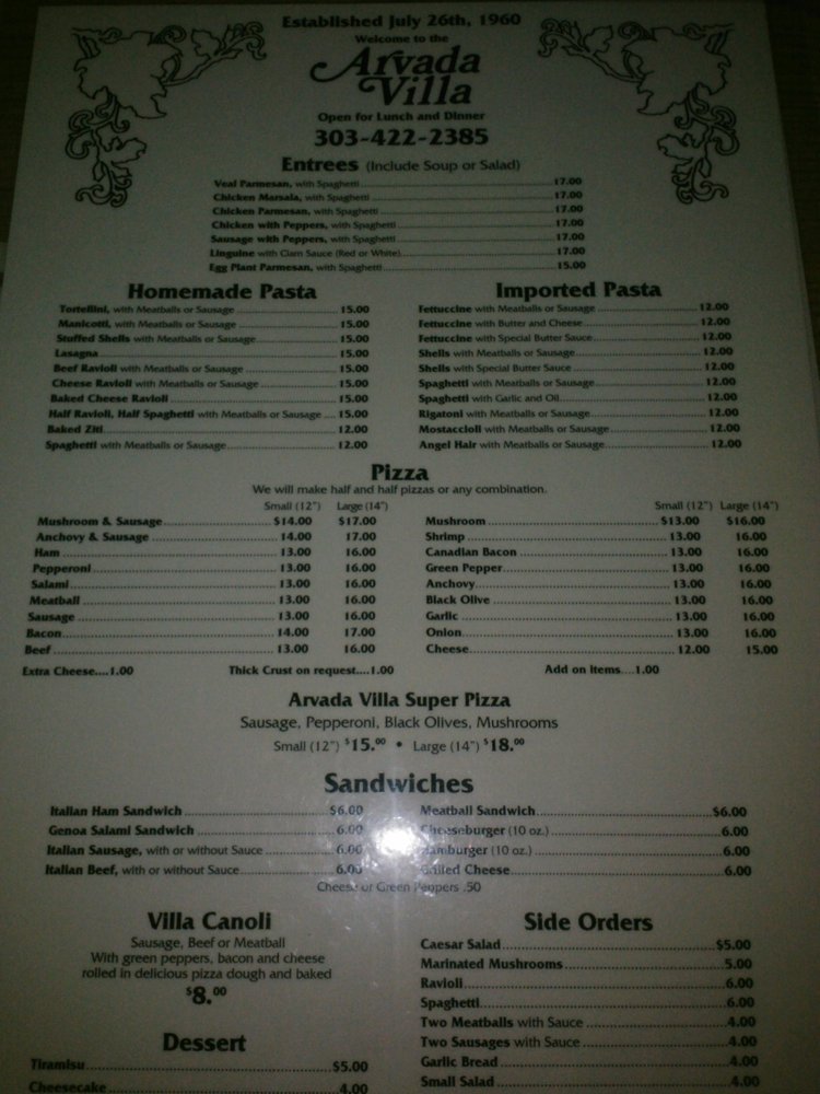 Menu at Arvada Villa Italian Restaurant, Arvada, W 57th Pl