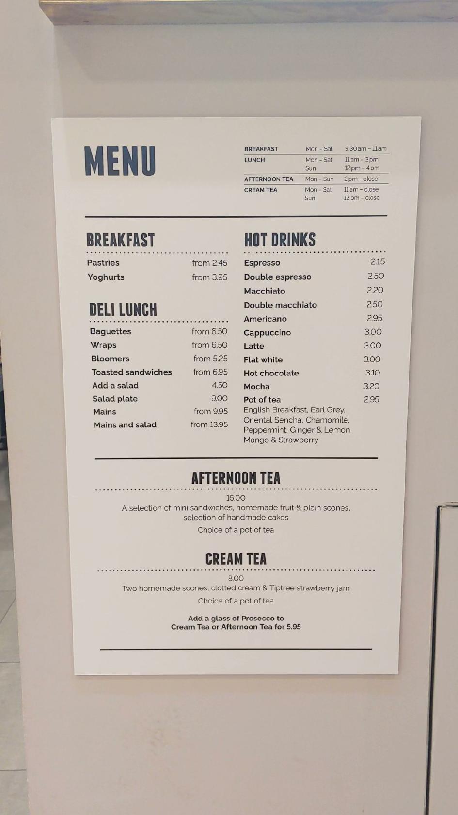 Menu at Benugo Café at John Lewis cafe, London, 2nd floor
