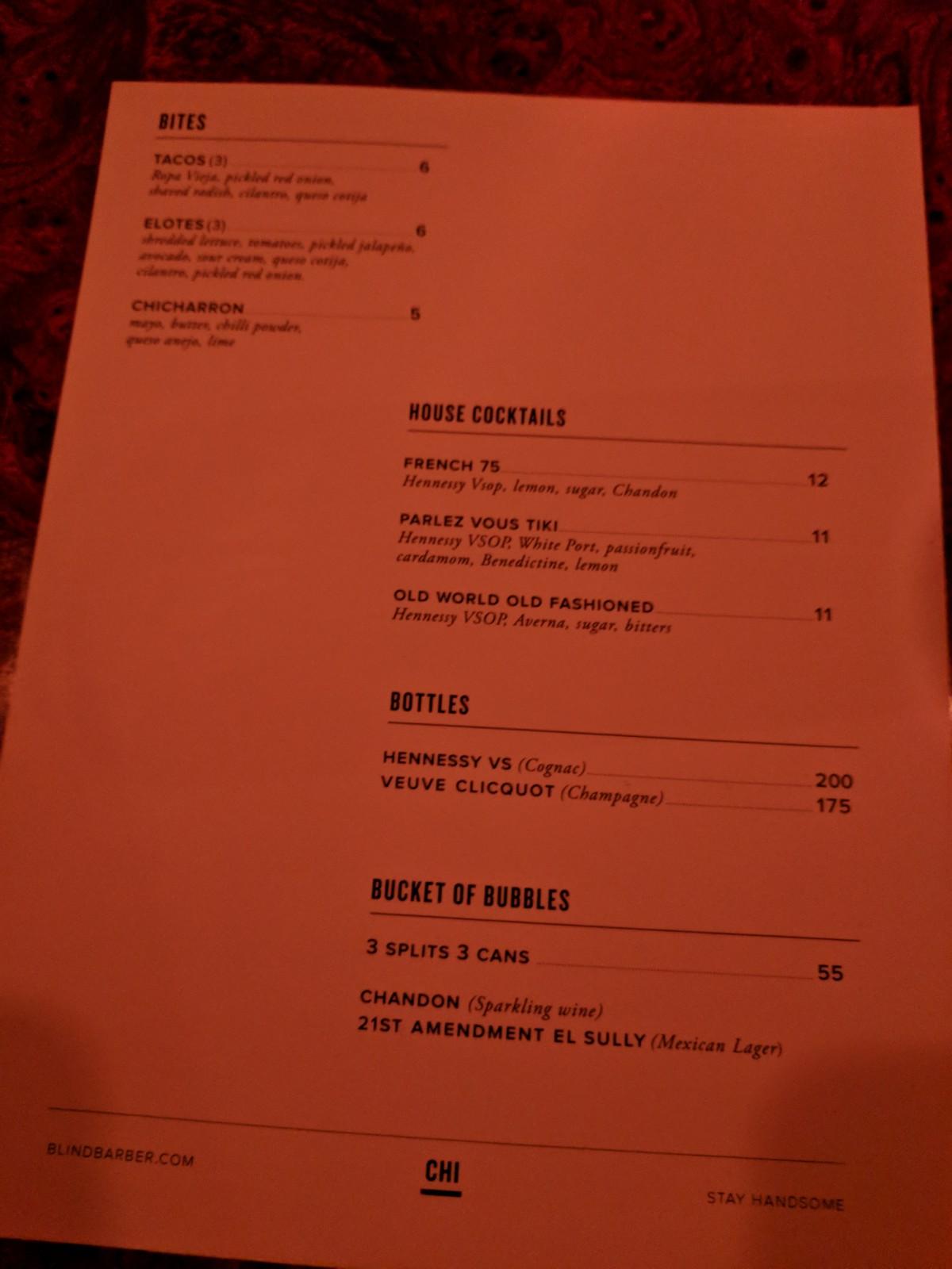Menu at Blind Barber, Chicago