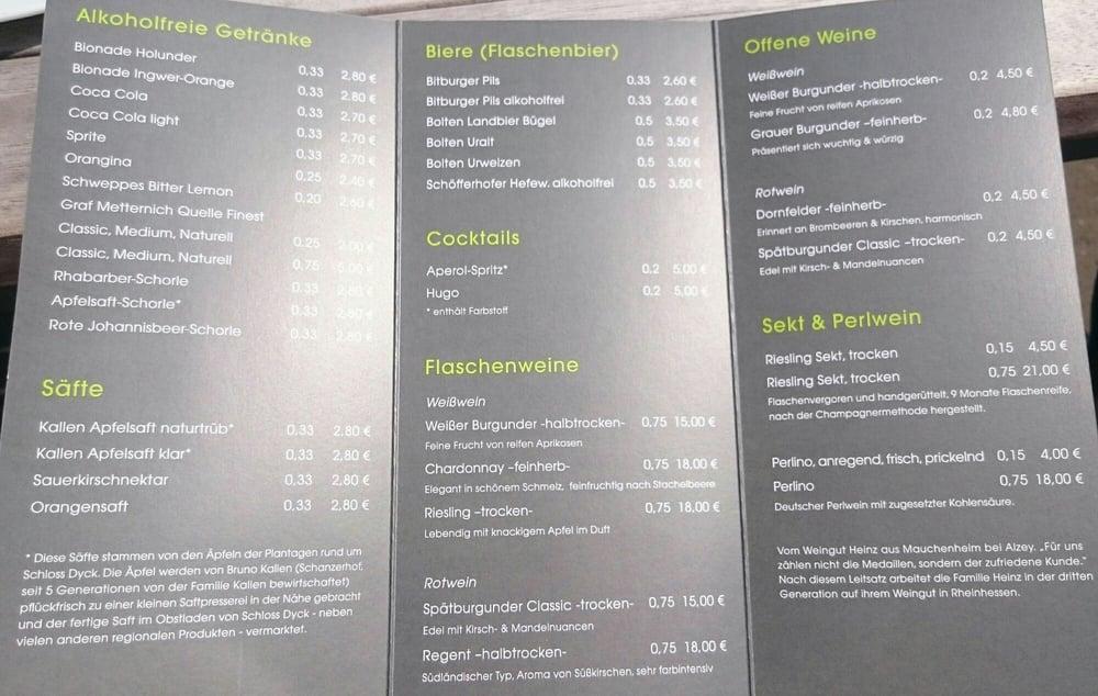 Menu at Botanica cafe, Jüchen