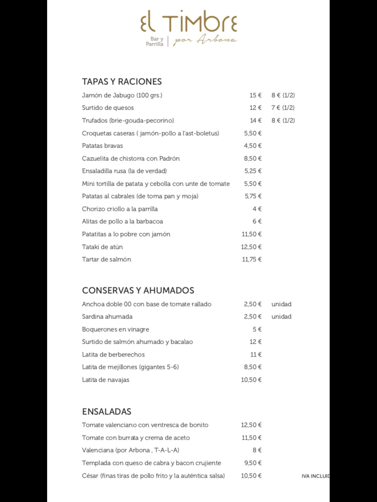 Carta de El Timbre - Bar y Parrilla (por Arbona), Valencia