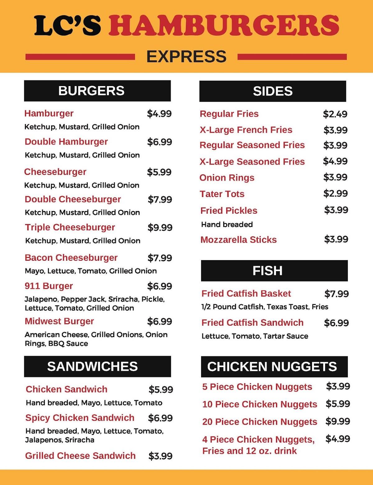 Menu at KC'S Hamburger Express restaurant, Kansas City