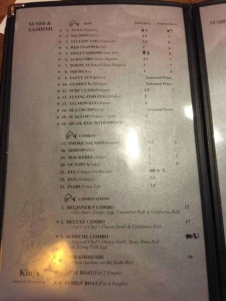 Menu at Kinja Japanese Restaurant, Yelm