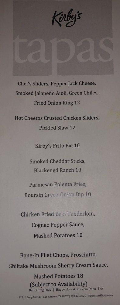 Menu at Kirby's Steakhouse, San Antonio, 123 N Loop 1604 E