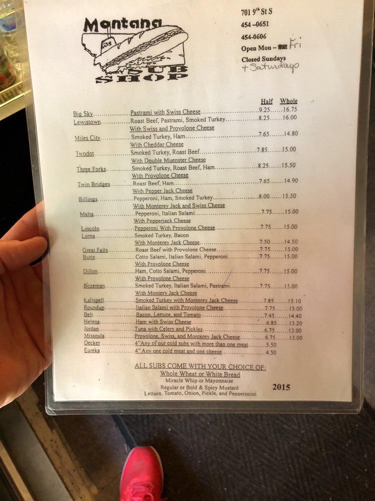 Menu at Montana Sub Shop restaurant, Great Falls