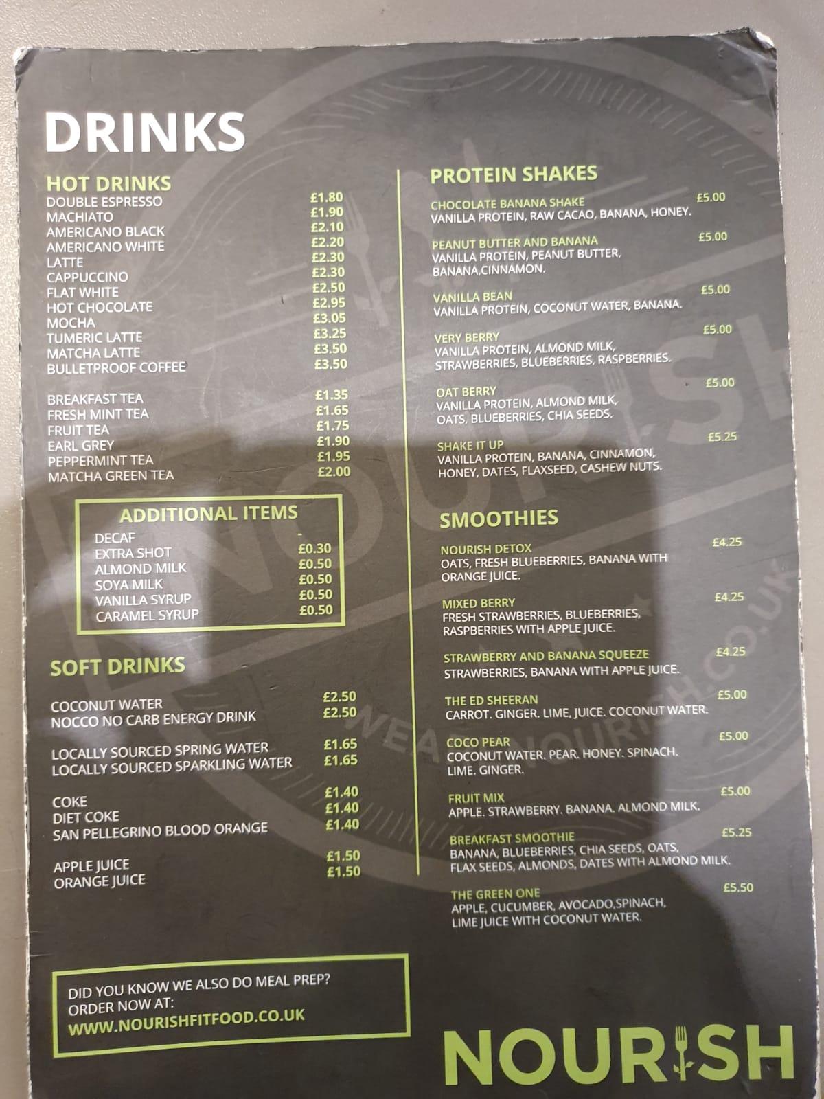 Menu at Nourish cafe, Wilmslow