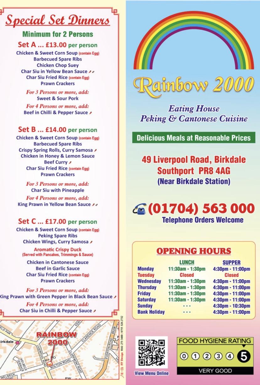 Menu at Rainbow 2000 fast food, Southport, 49 Liverpool Rd