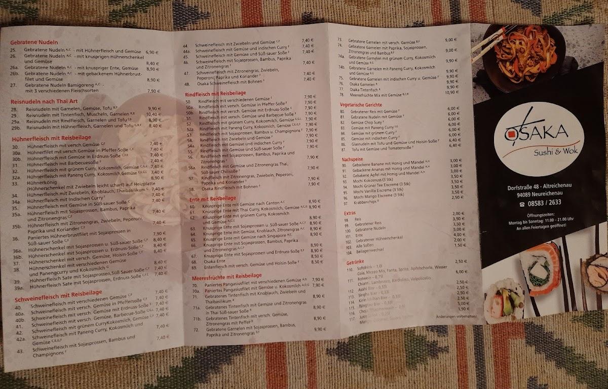 Menu at Restaurant Osaka, Neureichenau