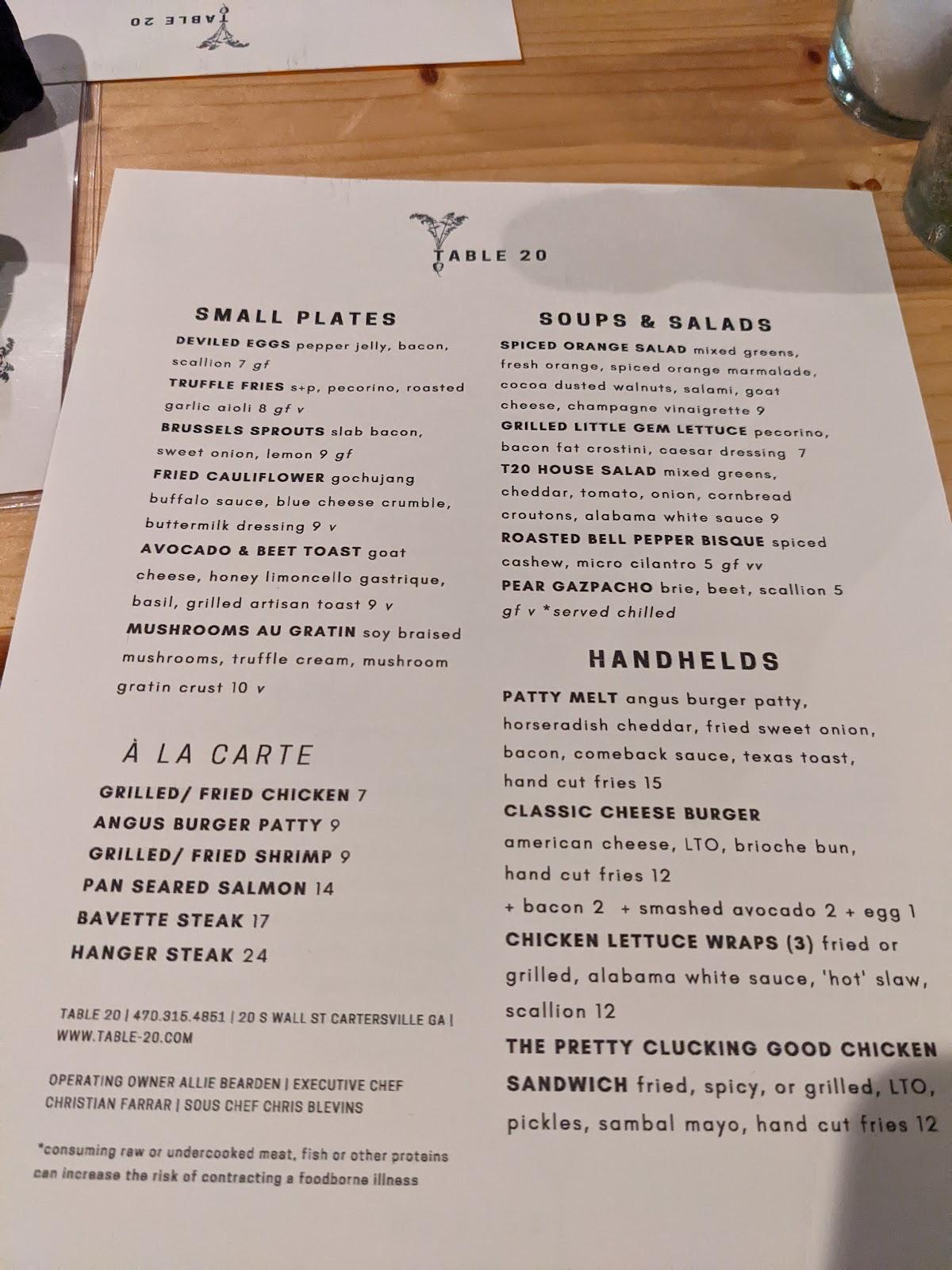 Menu at Table 20 pub & bar, Cartersville