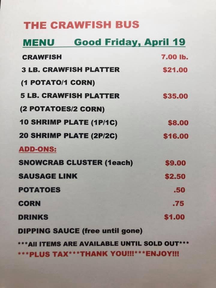 Menu at The Crawfish Bus restaurant, El Campo