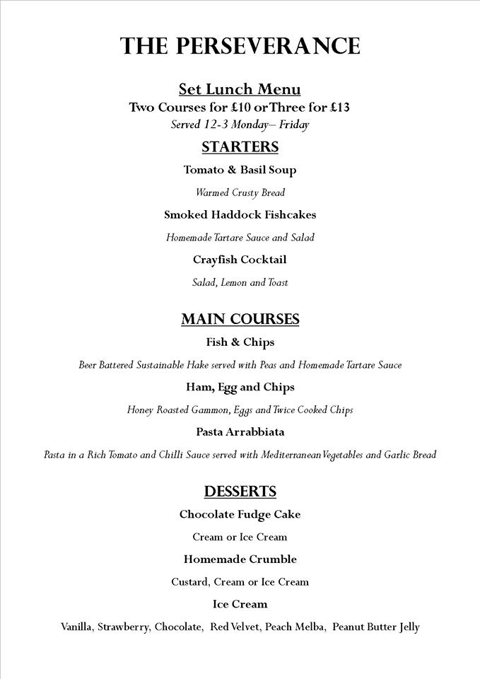 Carta del pub y bar The Perseverance, Wraysbury