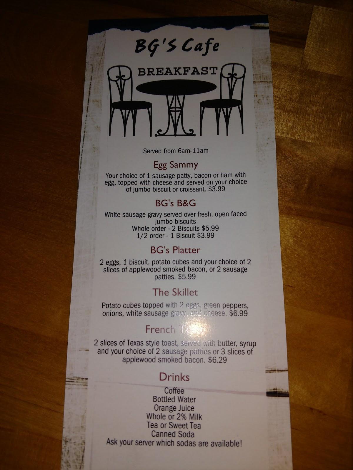Menu at BG's Cafe, Bay View Gardens