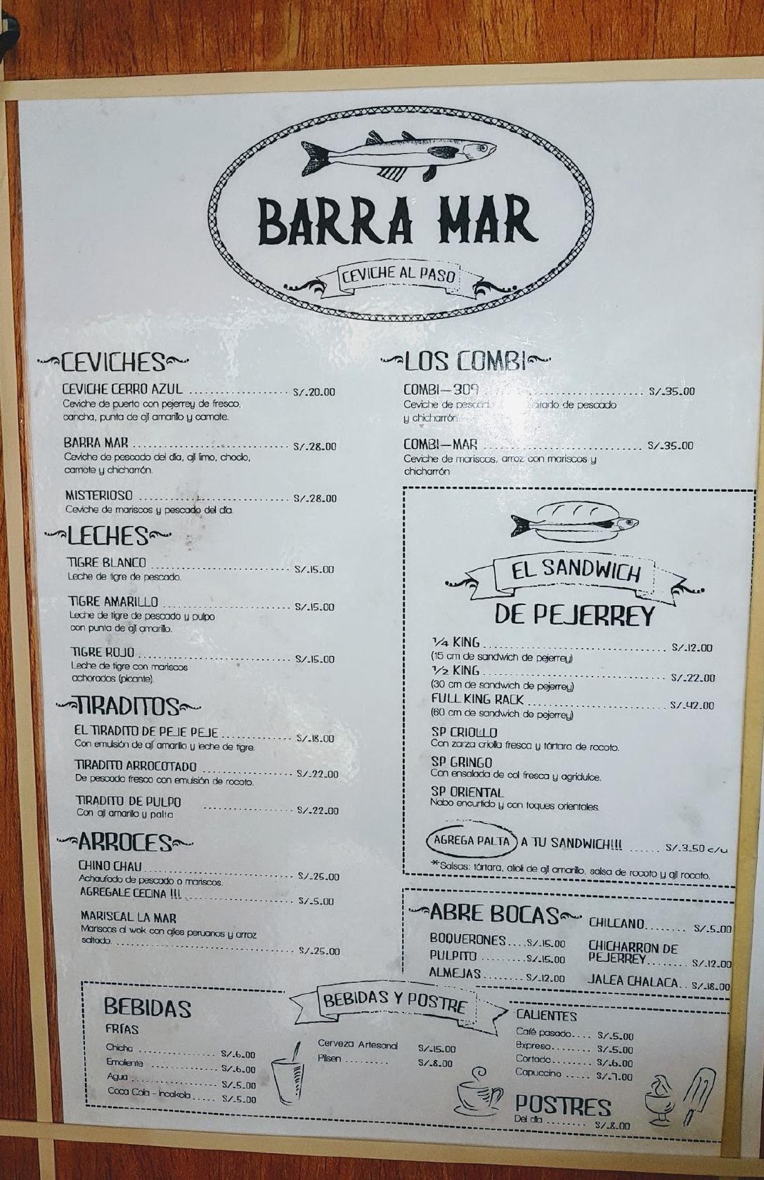 Menu at Barra Mar, Miraflores, Av. Mariscal La Mar 309