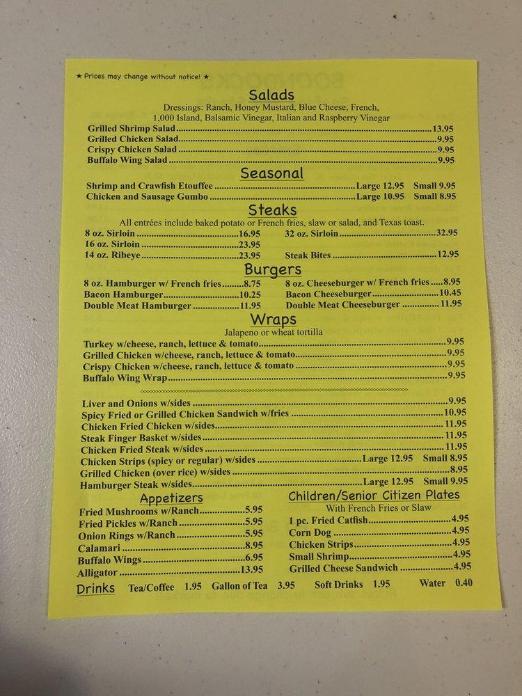 Menu at Boondocks Seafood restaurant, Brady