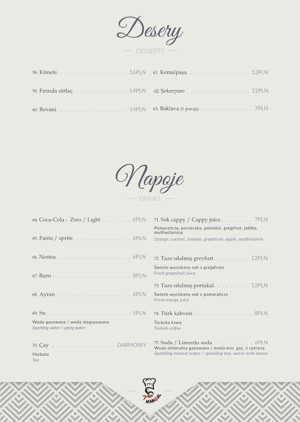 Menu at Mangal restaurant, Łódź