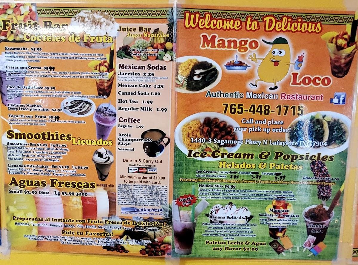 Menu at Mango Loco restaurant, Lafayette
