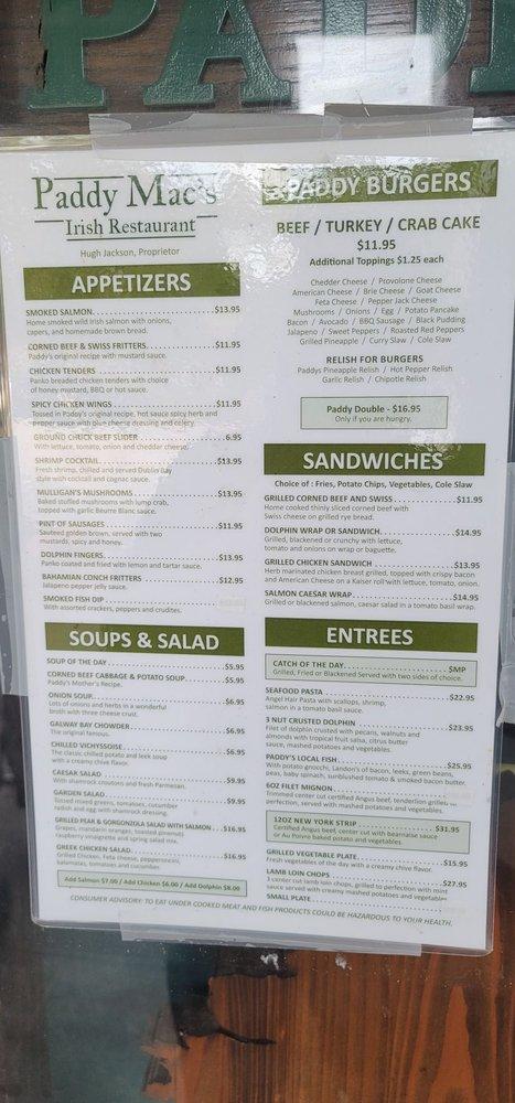 Menu at Paddy Mac's Restaurant, Palm Beach Gardens