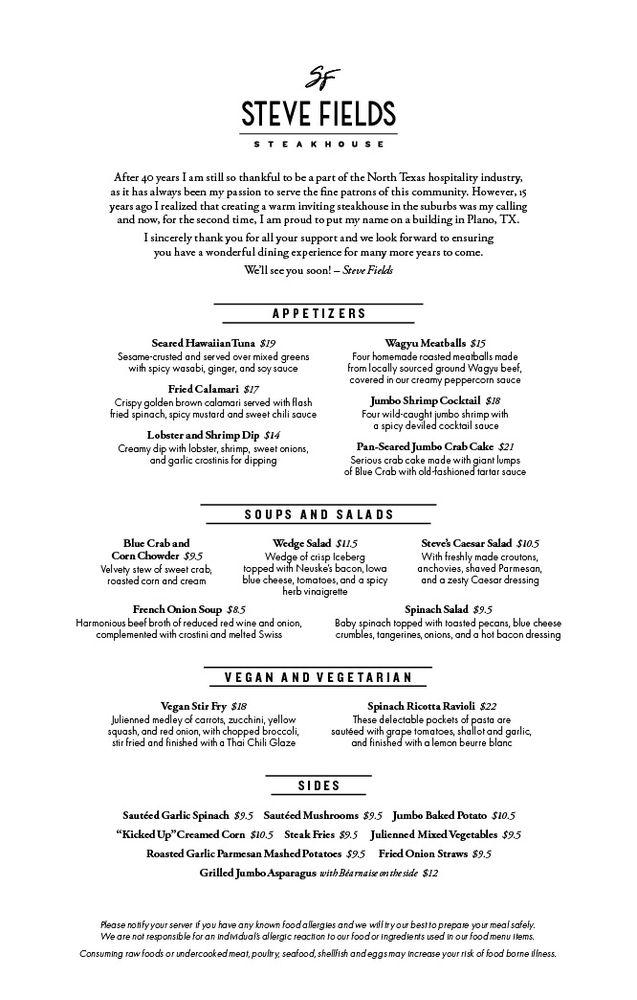 Menu at Steve Fields Steakhouse, Plano