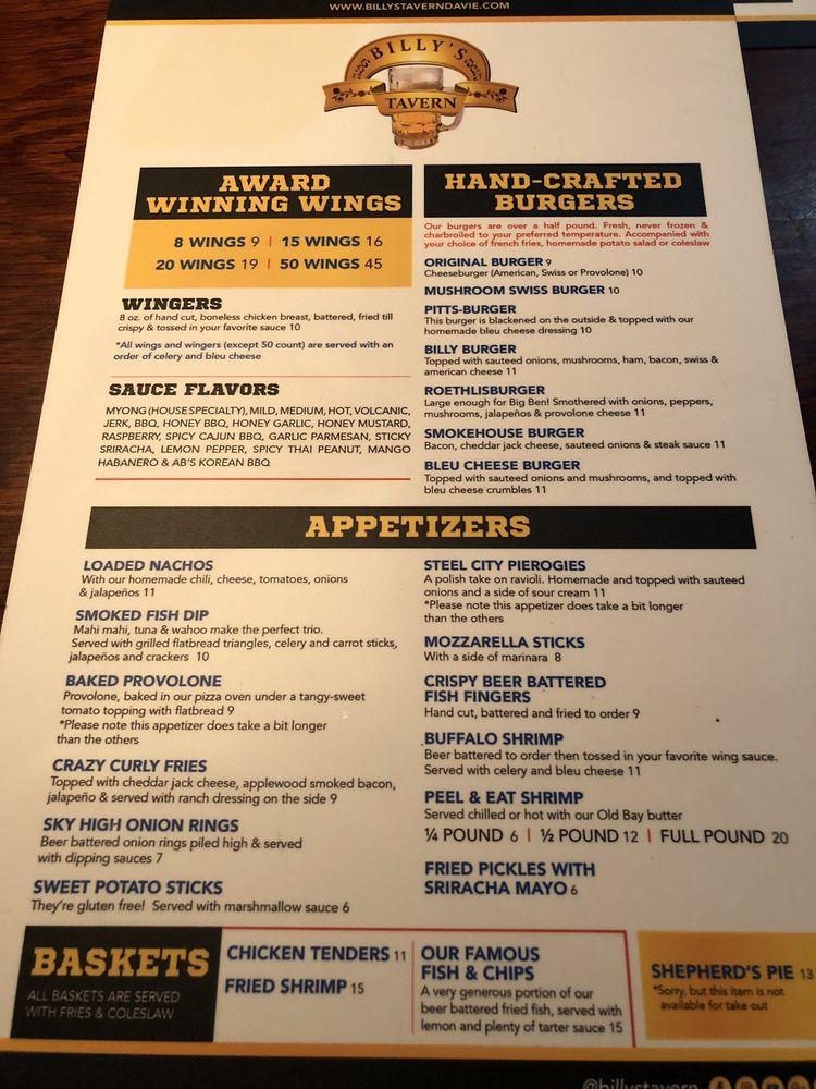 Menu at Billy's Tavern pub & bar, Davie
