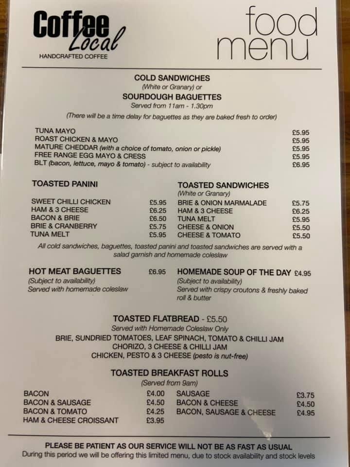 Menu at Coffee Local cafe, Lydney