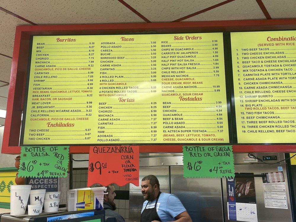 Menu at El Azteca Taco Shop restaurant, La Mesa