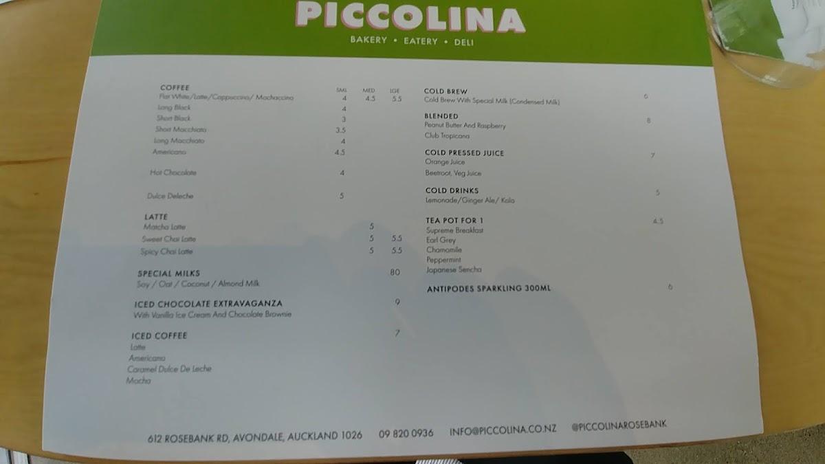 Menu at Piccolina cafe, Auckland