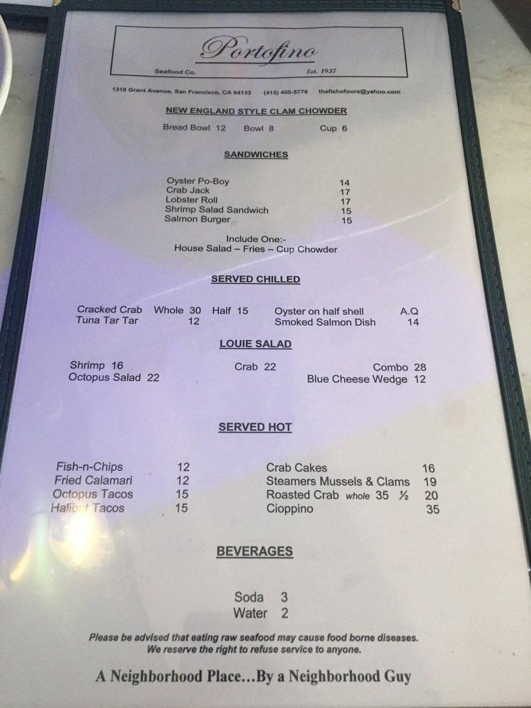 Menu at Portofino restaurant, San Francisco